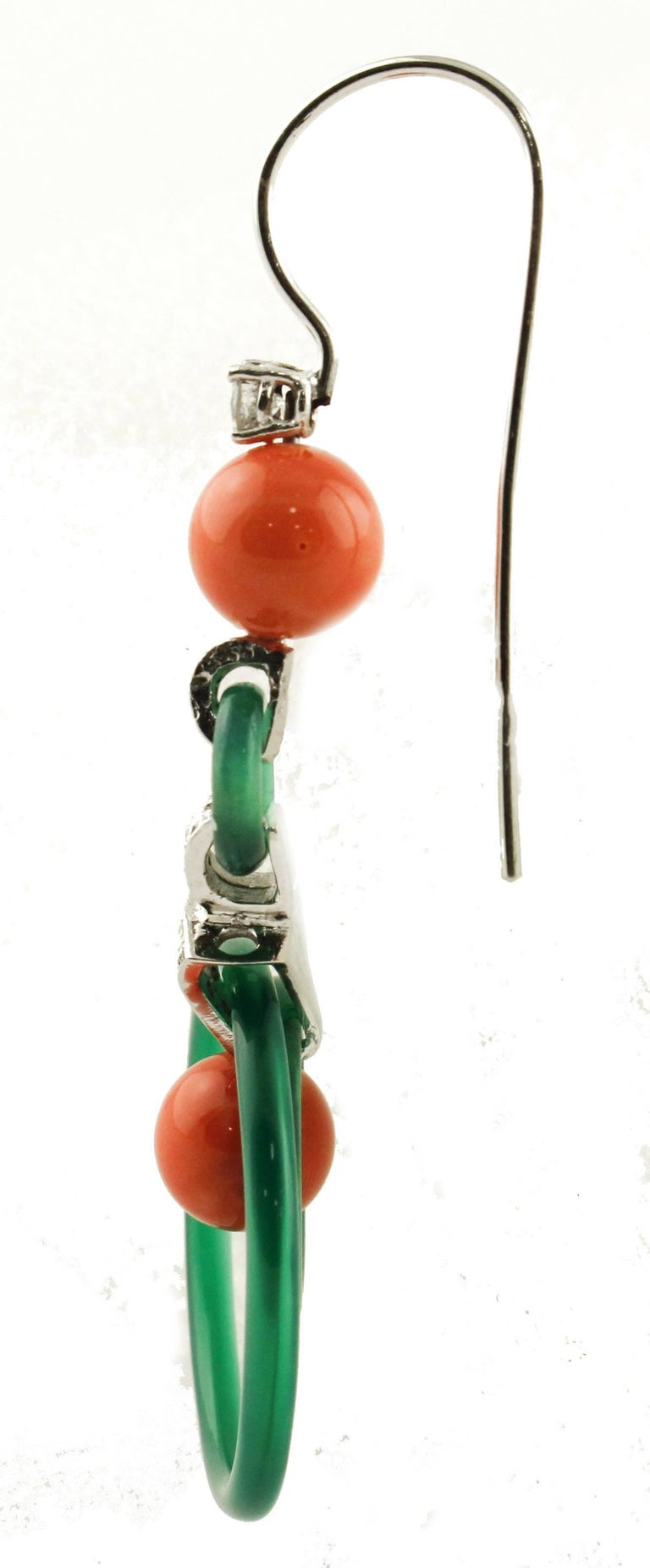 Green Agate, Red Coral Sphetres, Diamonds, 14K White Gold Earrings For ...