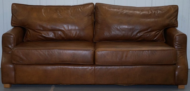 Aged Vintage Heritage Brown Leather Three-Seat Sofa Duck Feather ...
