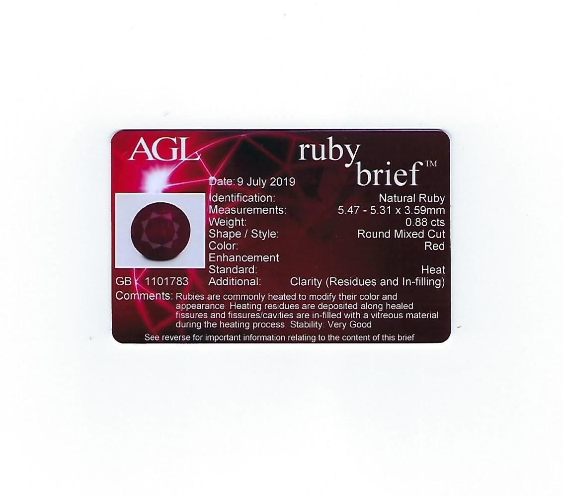 AGL Certified 0.88 Carat Round Ruby Diamond Gold Milgrain Ring For Sale ...