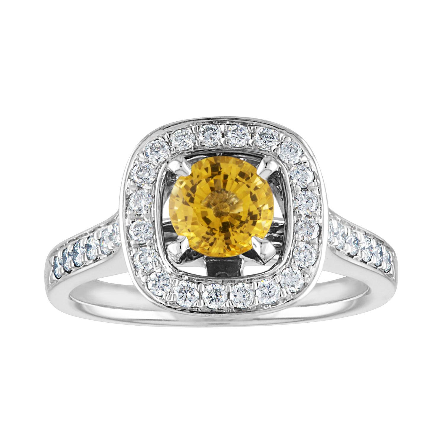 AGL Certified 0.77 Carat Round Yellow Sapphire and Diamond Gold Ring ...