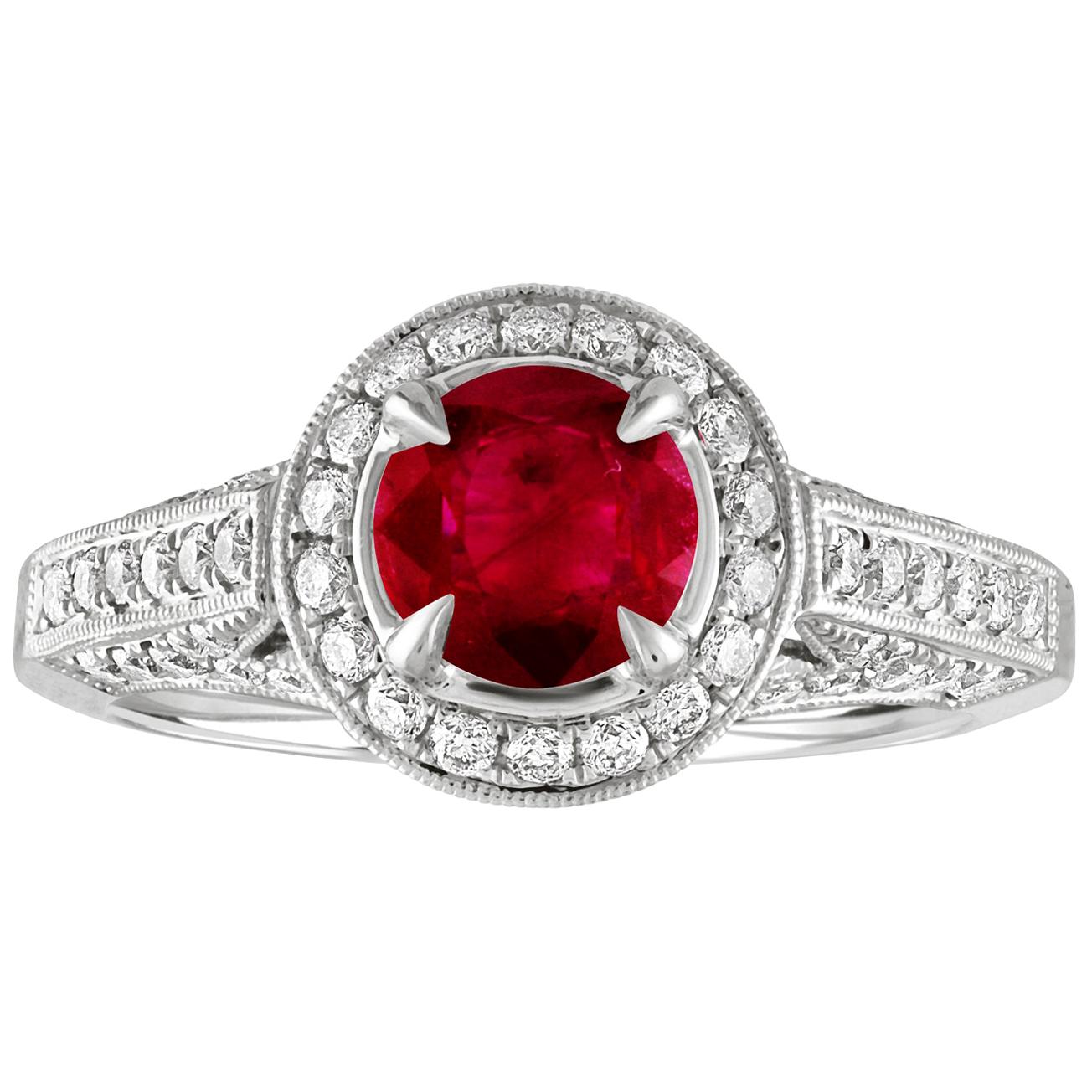 AGL Certified 1.29 Carat Burma Ruby and Diamond Halo Gold Milgrain Ring ...
