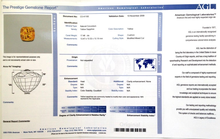 AGL Certified 17.48 Carat Natural Heated Yellow Sapphire For Sale at ...