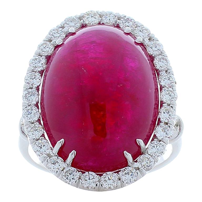 AGL Certified 24.25 Carat Ruby Cabochon and Diamond Ring In 18 K White Gold For Sale at 1stDibs