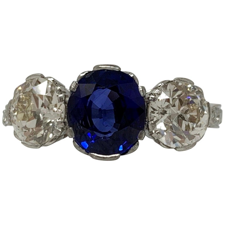AGL Certified Blue Sapphire Oval Mixed Cut and White Diamond Three ...