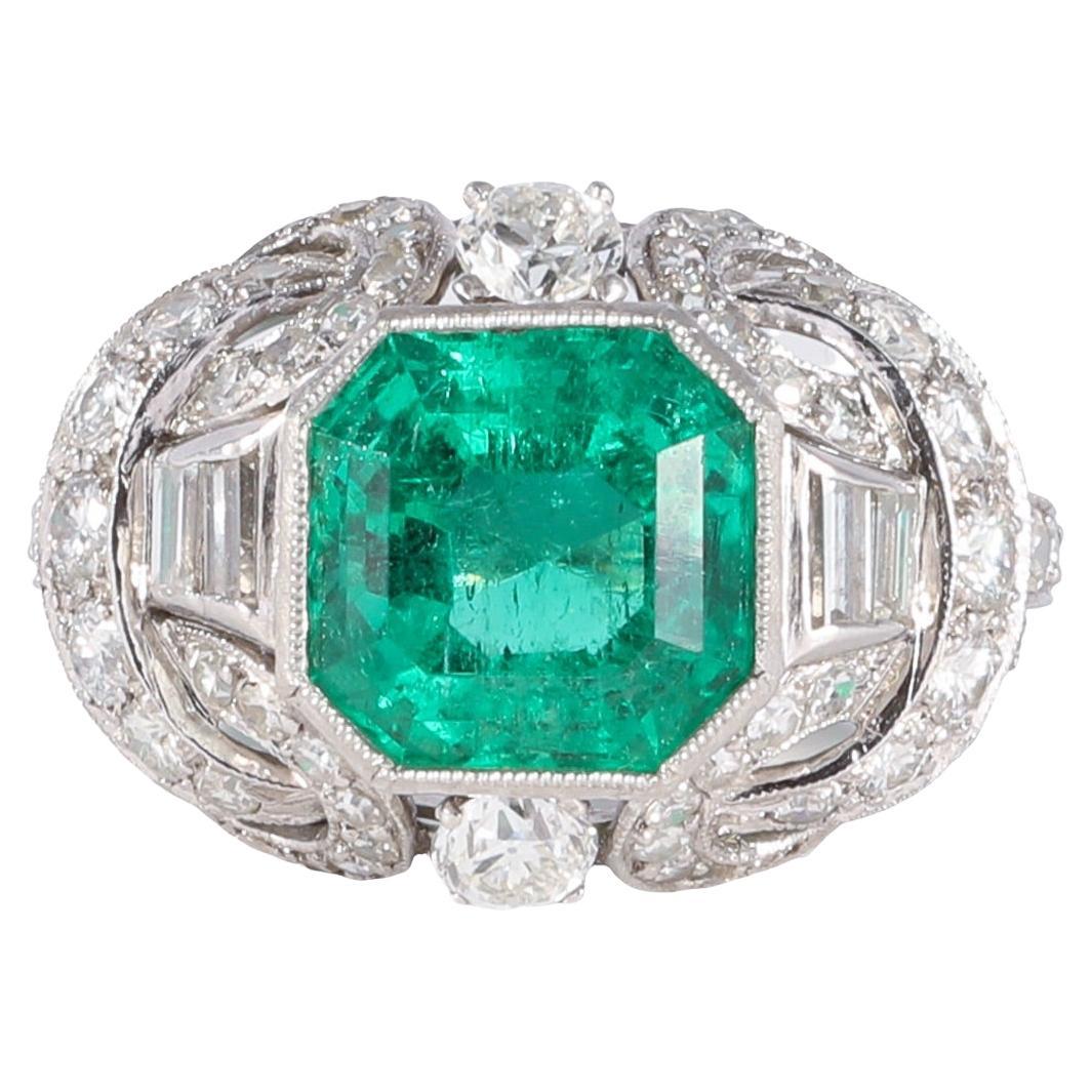 Antique Art Deco Platinum Diamond and Colombian Emerald Shield Ring at ...