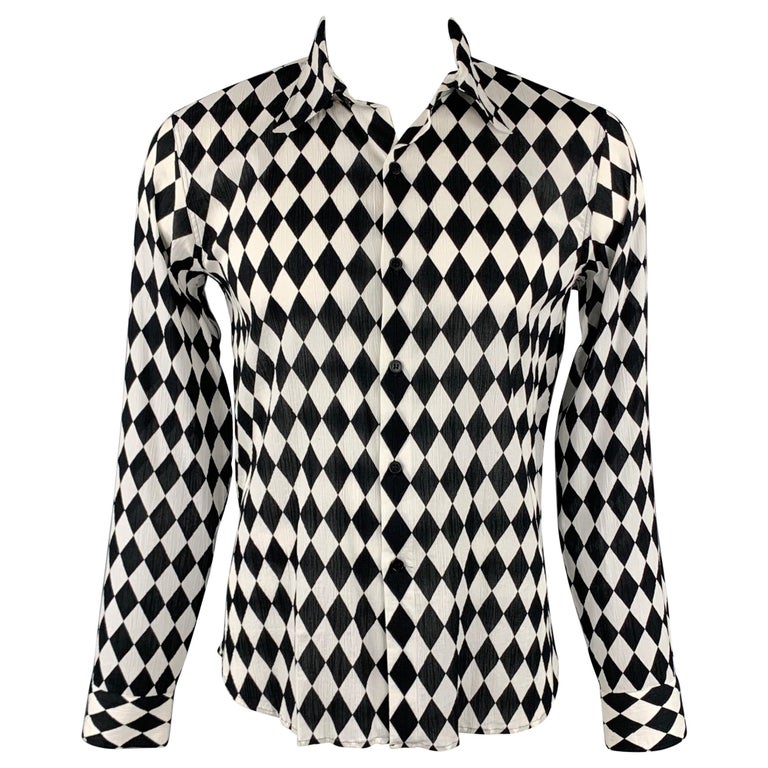 AGNES B. Size L Black and White Rhombus Print Cotton Long Sleeve Shirt at 1stDibs