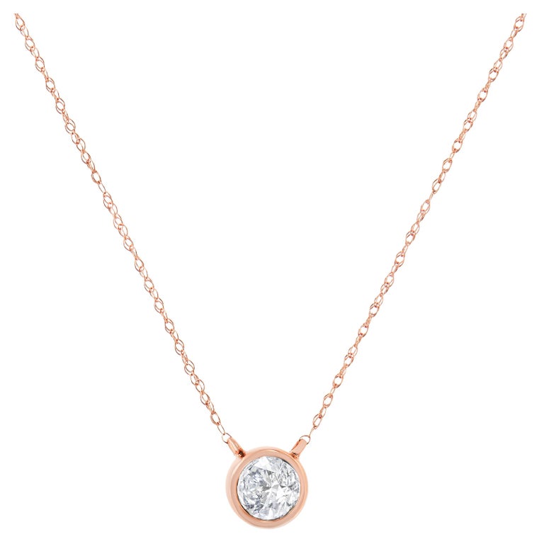 AGS Certified 10K Rose Gold 1/10 Cttw Bezel Set Round Diamond Solitaire Necklace For Sale at 1stDibs