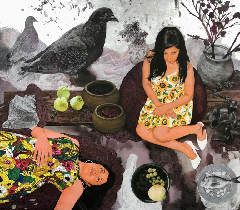Ahmed Saber - "In Company of Pigeons" Painting 56" x 64" inch by Ahmed Saber For Sale at 1stDibs