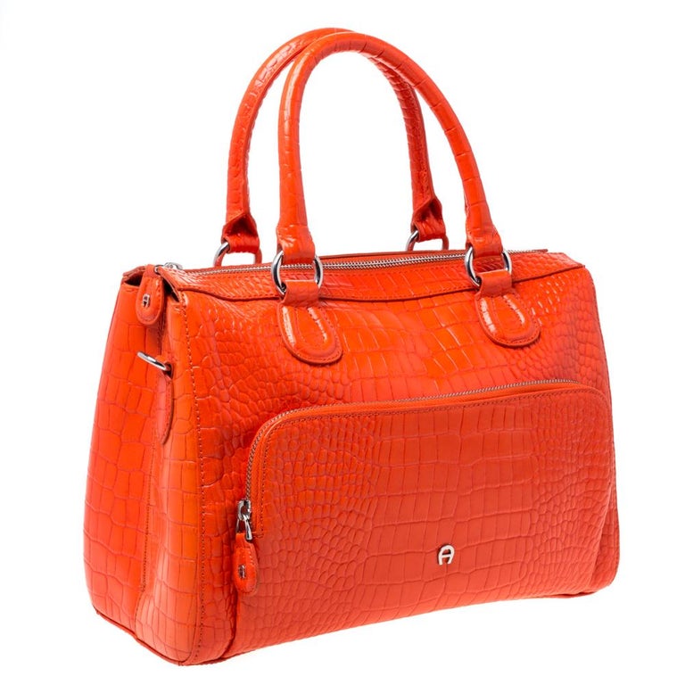 Aigner Orange Croc Embossed Leather Front Pocket Zip Shoulder Bag at ...
