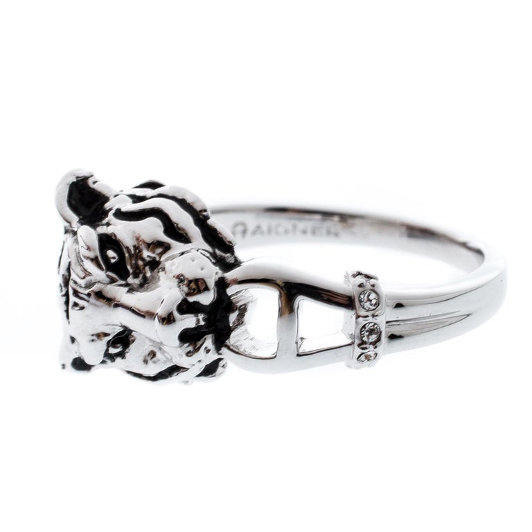 Aigner Silver Tone Tiger Head Crystal Studded Ring Size 56 For Sale at ...