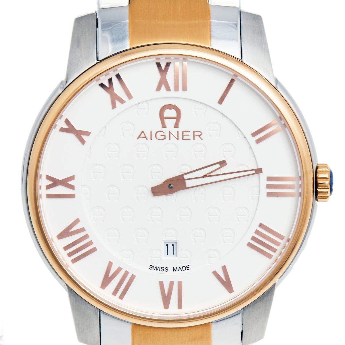 Aigner Silver Two Tone Stainless Steel Padua A24021 Men's Wristwatch 42 ...