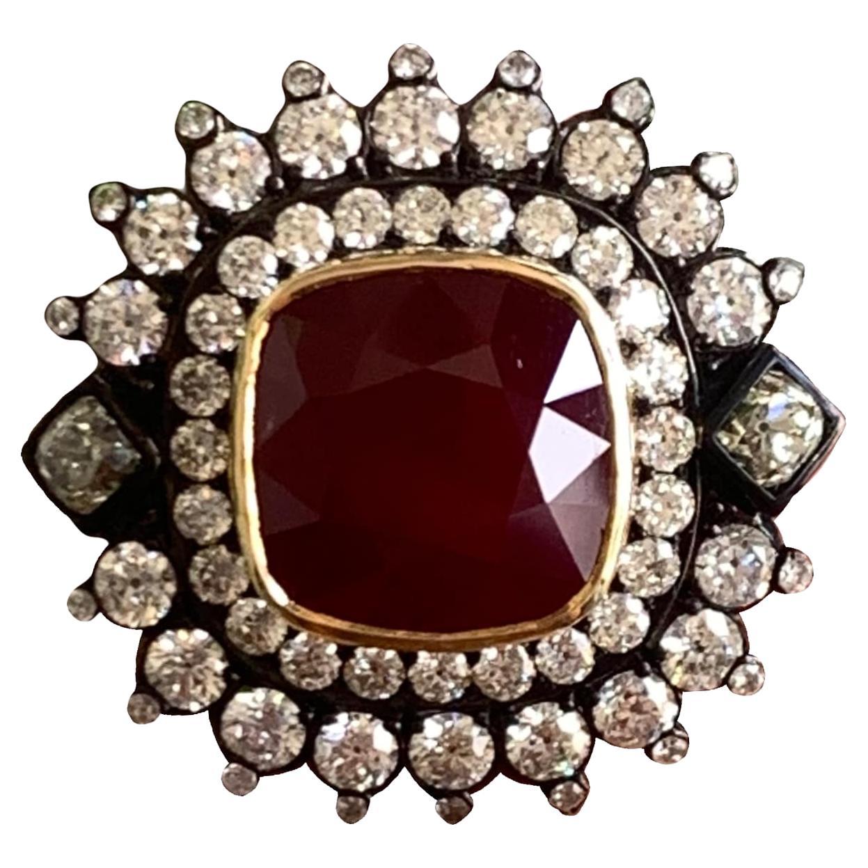 Cushion Mozambique Ruby Ring with Round Diamonds For Sale at 1stDibs