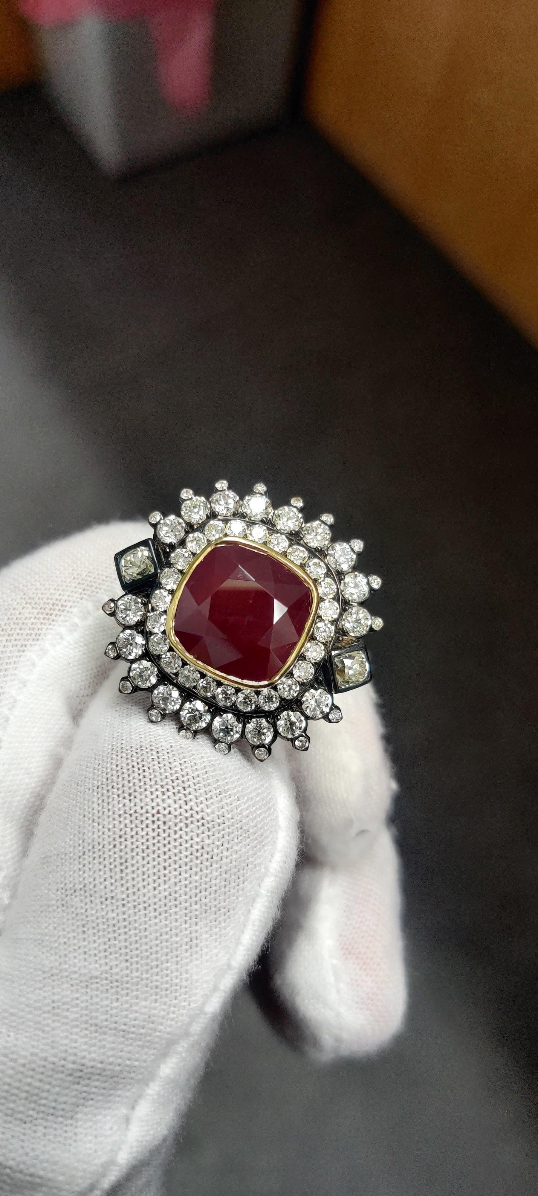 Unheated 15.10 Ct GIA-certified Ruby Ring with Old Mine Cut Diamonds in ...