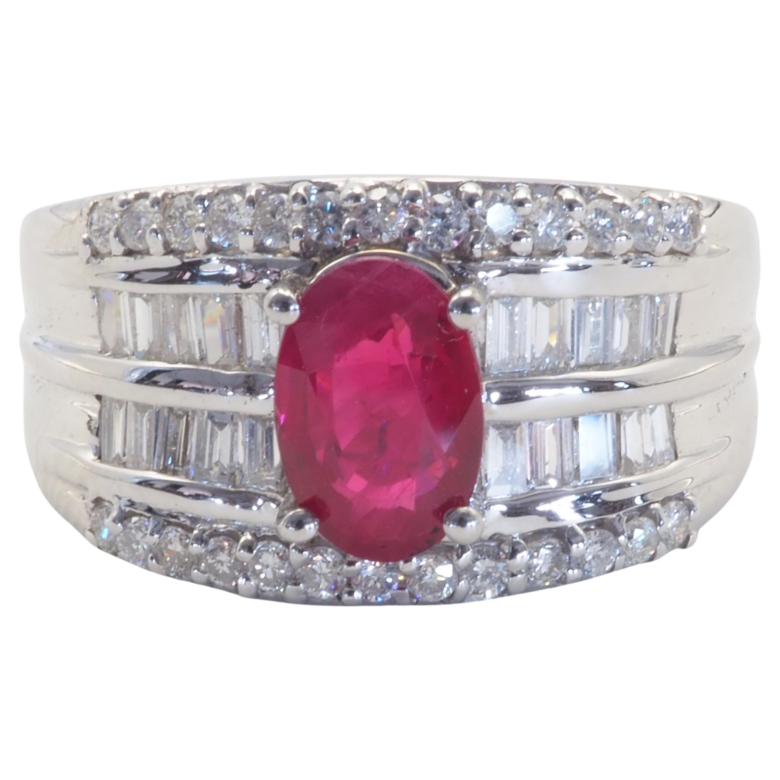 AIGS 18k White Gold 1.26ct Oval Ruby and 0.74ct Diamond Cluster Ring ...