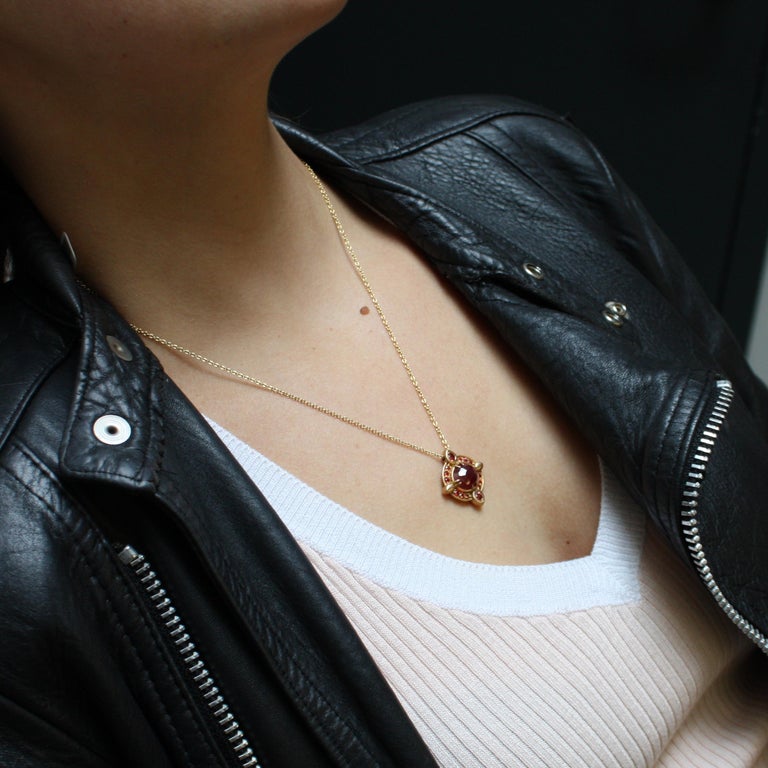 Aimee Kennedy, 5 Carat Rustic Ruby and Sapphire Halo Pendant For Sale ...