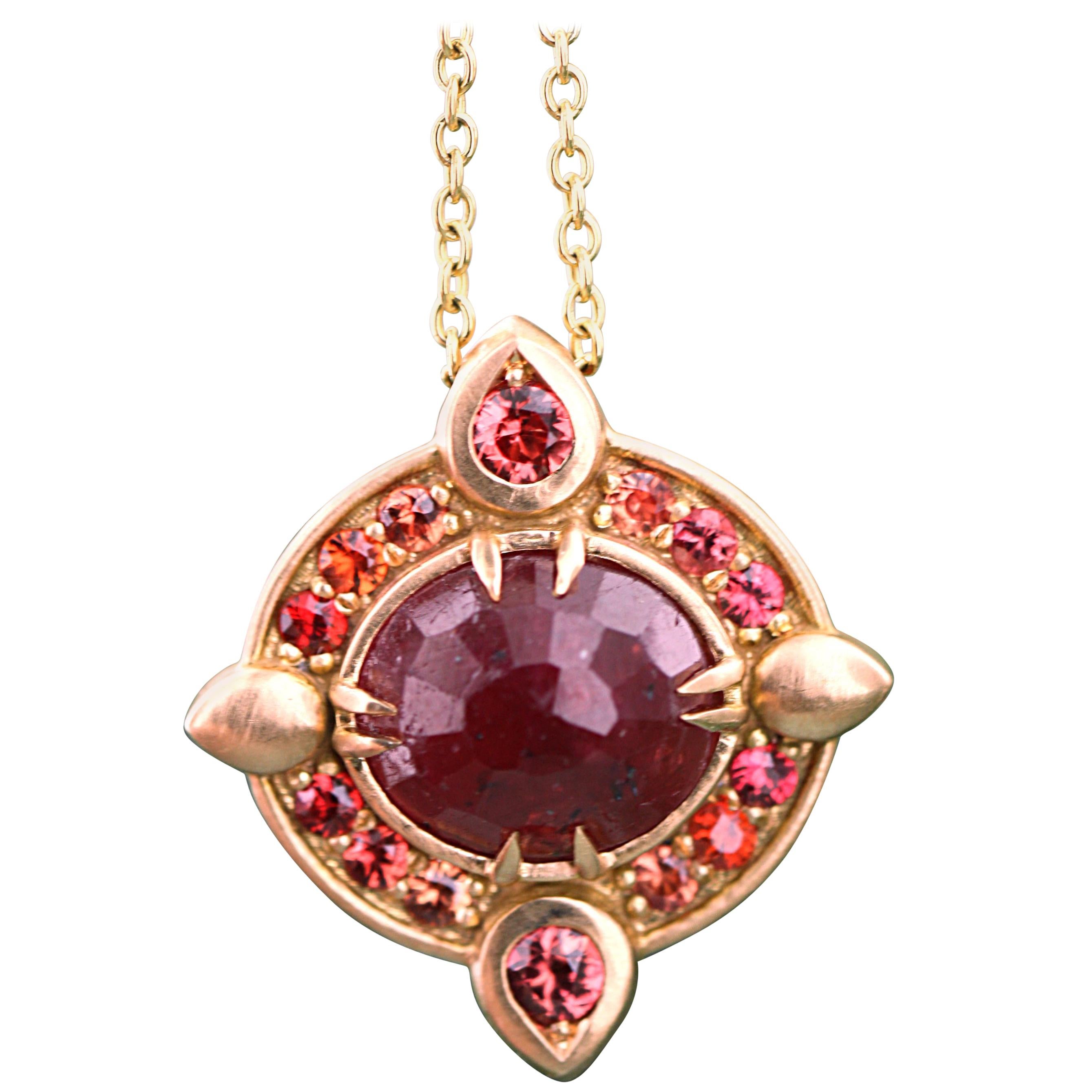 Aimee Kennedy, 5 Carat Rustic Ruby and Sapphire Halo Pendant For Sale ...