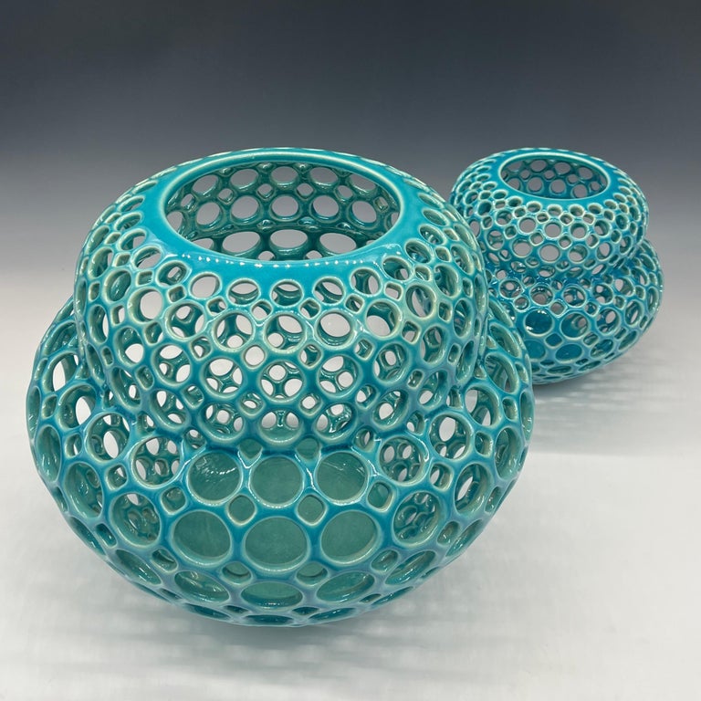 Aimee-Pierced Ceramic Tabletop Sculpture Turquoise For Sale at 1stDibs