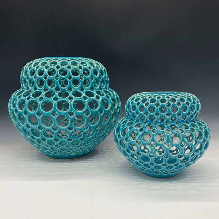 Aimee-Pierced Ceramic Tabletop Sculpture Turquoise For Sale at 1stDibs