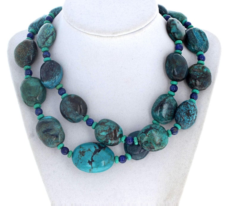 AJD Beautiful Dramatic Natural Turquoise Double Strand Necklace For Sale at 1stDibs