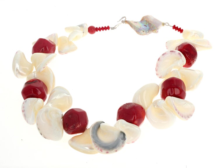 AJD Gorgeous Natural Real Red Coral and Polished Pearl Shells Statement ...