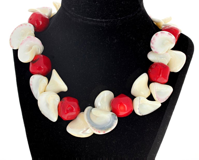 AJD Gorgeous Natural Real Red Coral and Polished Pearl Shells Statement ...