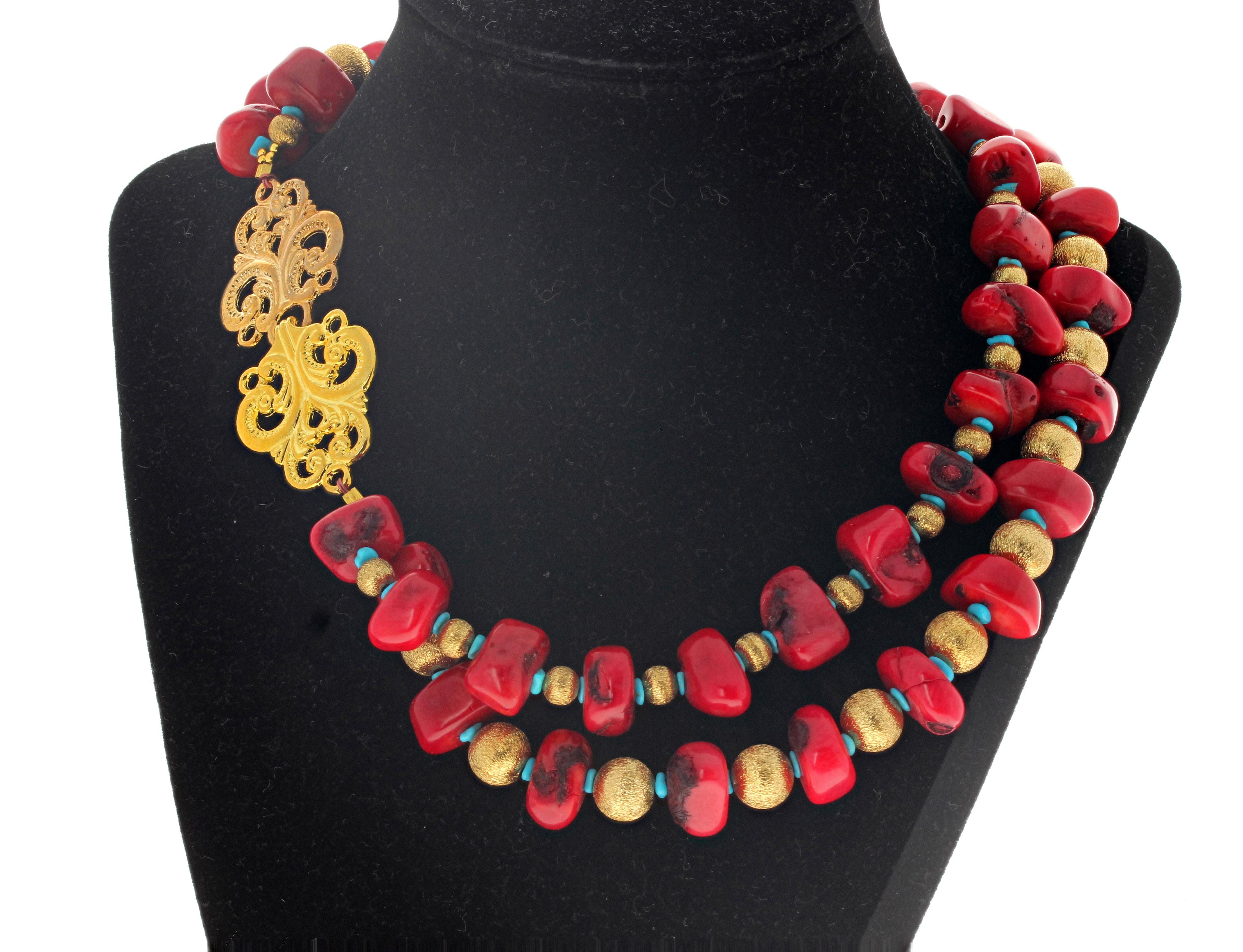 AJD Double Strand Coral, Sparkling Goldy Rondels &Turquoise Elegant ...