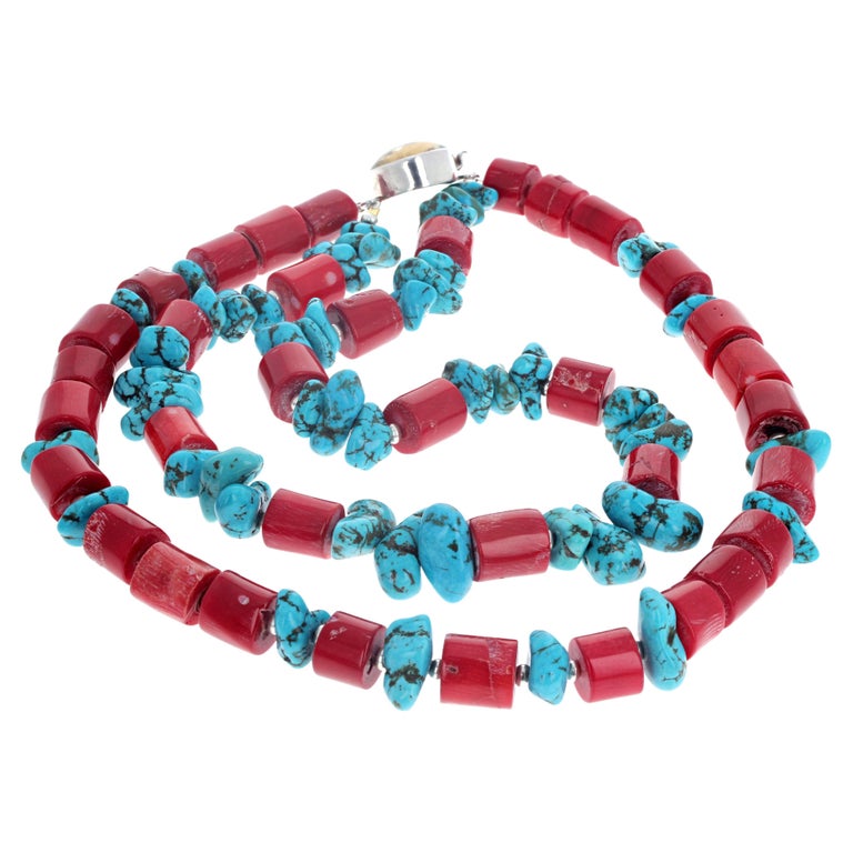 AJD Dramatic Turquoise and Red Coral Double Strand Necklace For Sale at ...