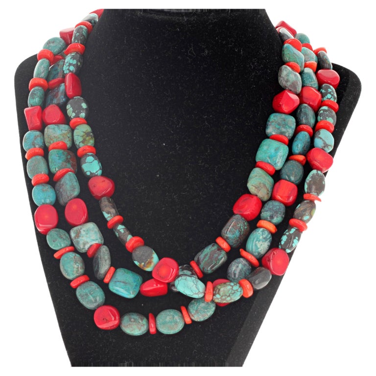 AJD Magnificent Triple Strand Real Turquoise and Real Coral 20 ...