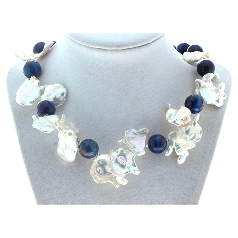 AJD Real Blue Tiger Eye and Real White Keshi Pearls 17" Necklace For Sale at 1stDibs