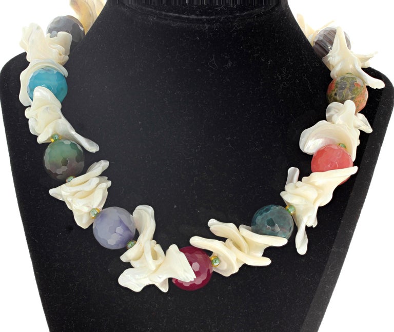 AJD Real Large Natural Gemstones and Pearl Shell Necklace For Sale at ...