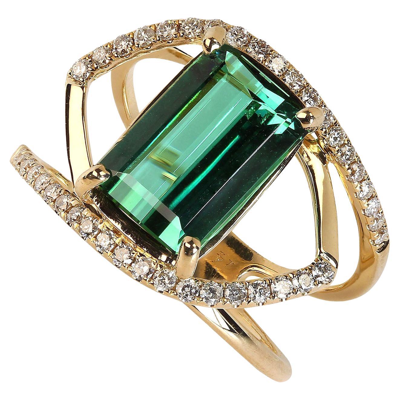 Lime Green Tourmaline Cognac Diamond Gold Ring For Sale at 1stDibs