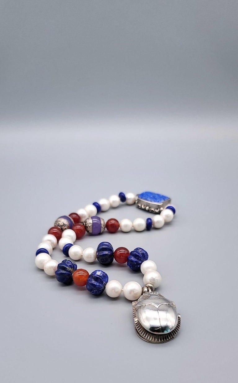 A.Jeschel Freshwater Pearl and Lapis necklace with a silver scarab ...