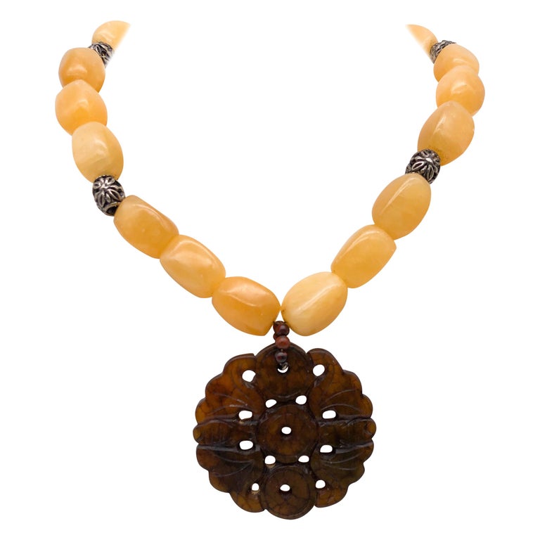 A.Jeschel Natural Yellow Jade necklace with Tobacco Jade carved pendant ...