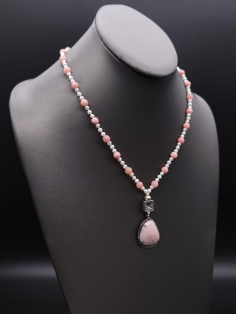 A.Jeschel Delicate Freswater Pearl and Pink opal Pendant necklace. For ...