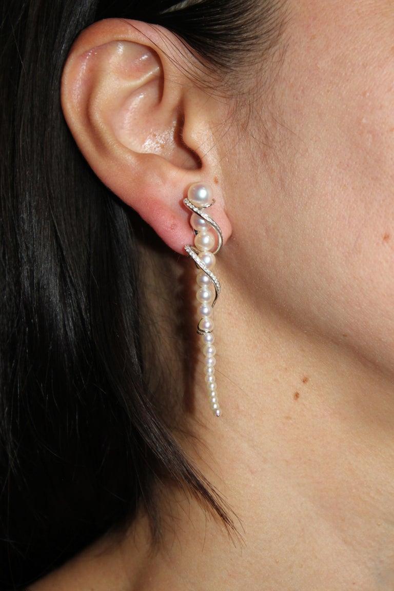 Akoya Baby White Pearl Diamond White Gold Luxury Cocktail Twist Conch Earrings For Sale at 1stDibs