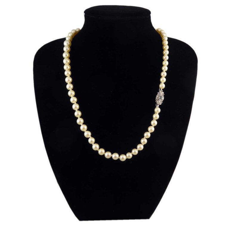Akoya Cultured Pearl Single Row Necklace, Aquamarine Diamond Clasp, Pre ...