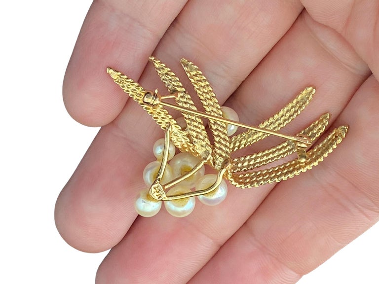 Akoya Pearl 14k Yellow Gold Grapes Leaves Foliate Vintage 1970s Brooch ...