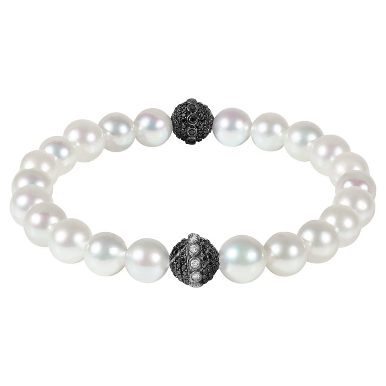 Akoya Pearl Bracelet with 18k Black Gold Diamond Encrusted Orbs For ...