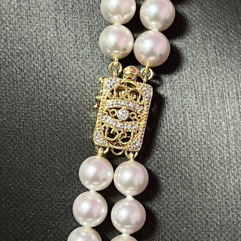 Akoya Pearl Diamond Double Stranded Necklace 14k Y Gold Certified For ...