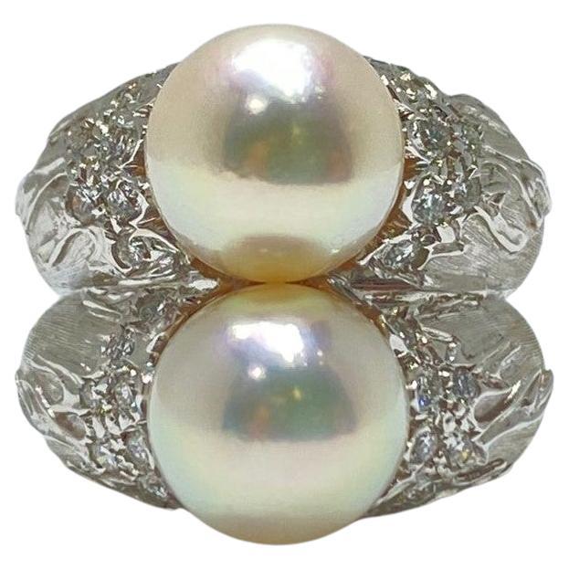 Akoya Pearl Diamond Ring in 18 Karat Yellow Textured Gold For Sale at ...