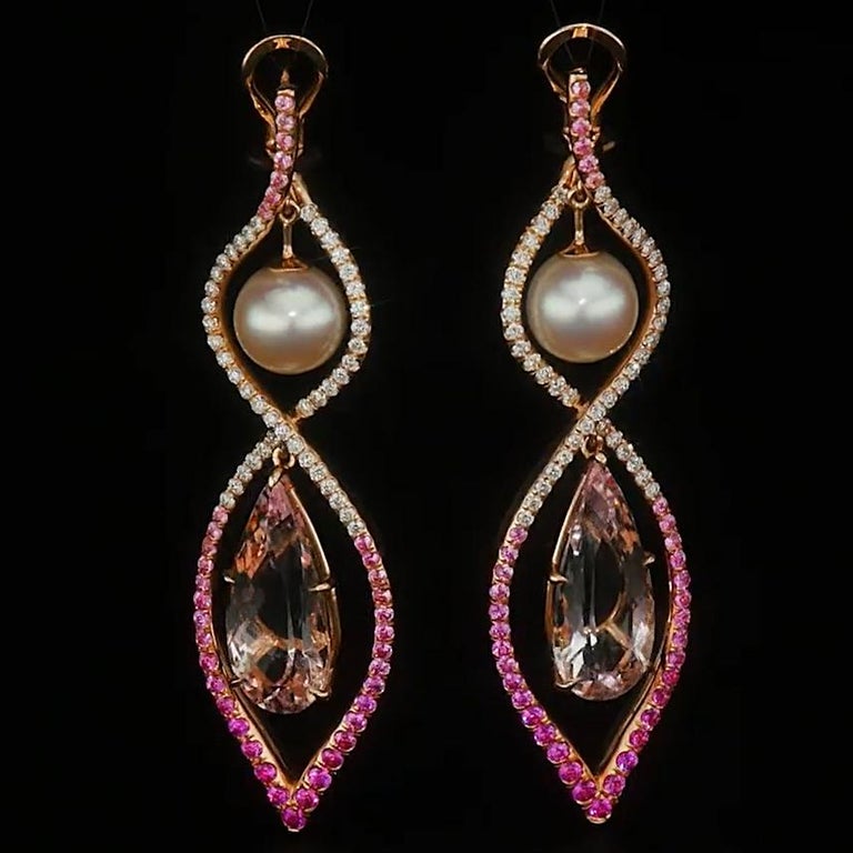 Akoya Pearl, Morganite, Pink Sapphire and Diamond 18k Rose Gold Dangle ...