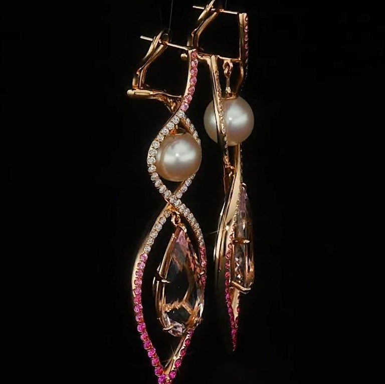 Akoya Pearl, Morganite, Pink Sapphire and Diamond 18k Rose Gold Dangle ...