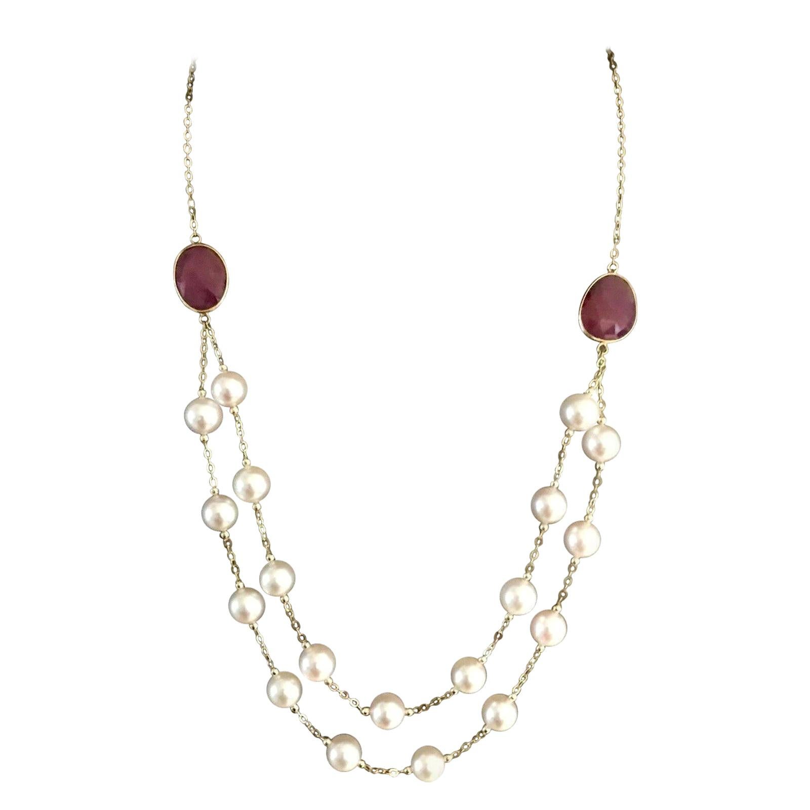 Ruby Pearl Gold Bourbon Style Necklace For Sale at 1stDibs