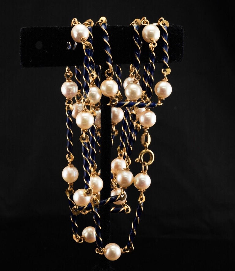 Akoya Pearls Enamel Necklace 18K Gold Opera For Sale at 1stDibs