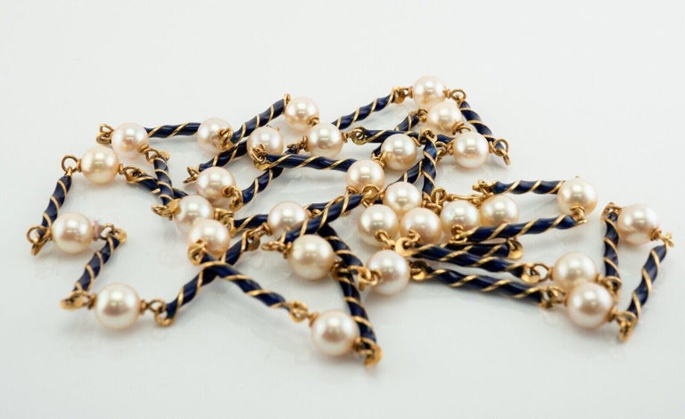 Akoya Pearls Enamel Necklace 18K Gold Opera For Sale at 1stDibs