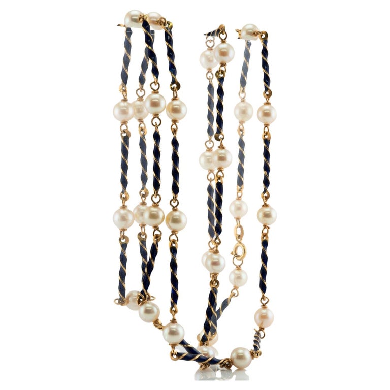 Akoya Pearls Enamel Necklace 18K Gold Opera For Sale at 1stDibs
