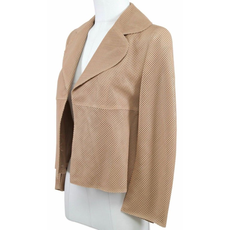 AKRIS Jacket Blazer Coat Leather Perforated Cropped Long Sleeve Open ...