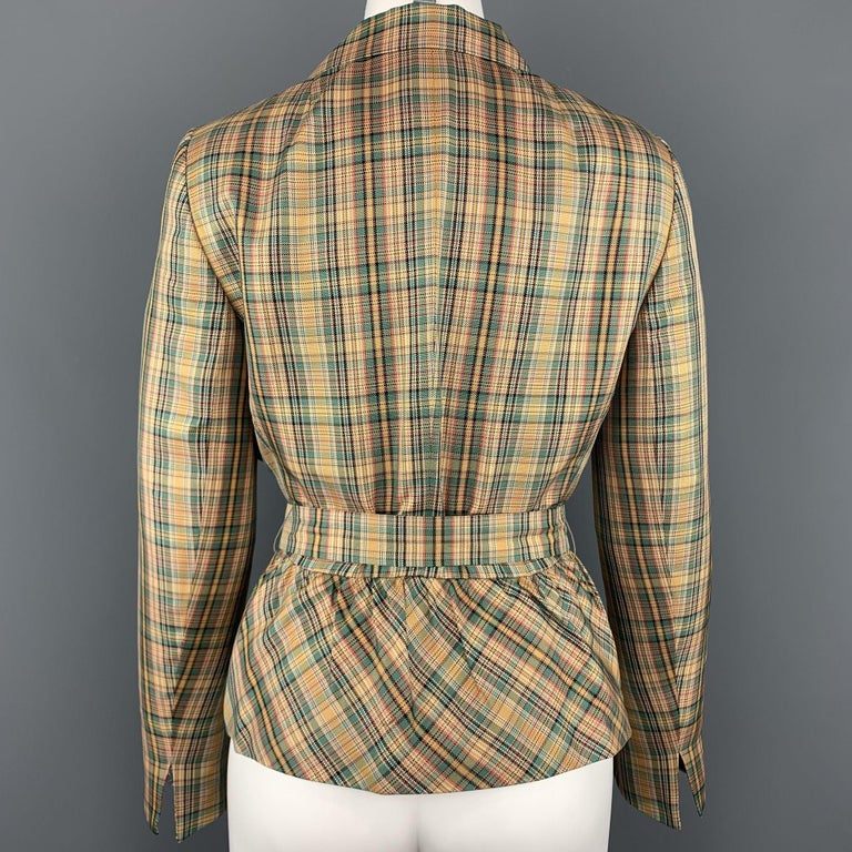 AKRIS Size 8 Gold and Green Plaid Silk Cropped Belted Blazer For Sale ...