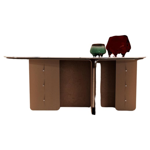 Edward dining table, leather-covered leg, marble top, metal base For ...