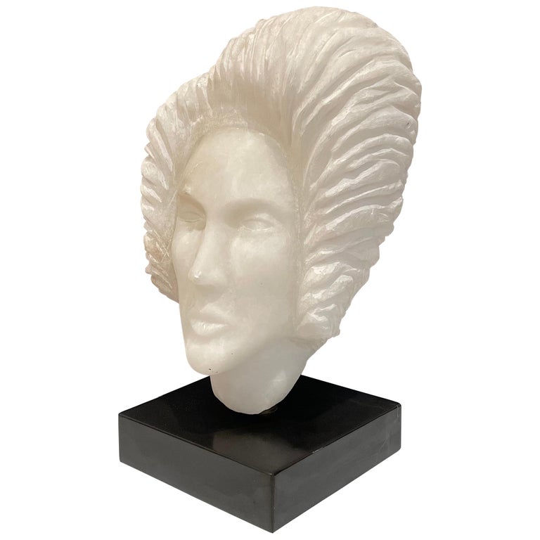 Alabaster Woman's Head Sculpture on Marble Base Rotates 360 Degree For ...